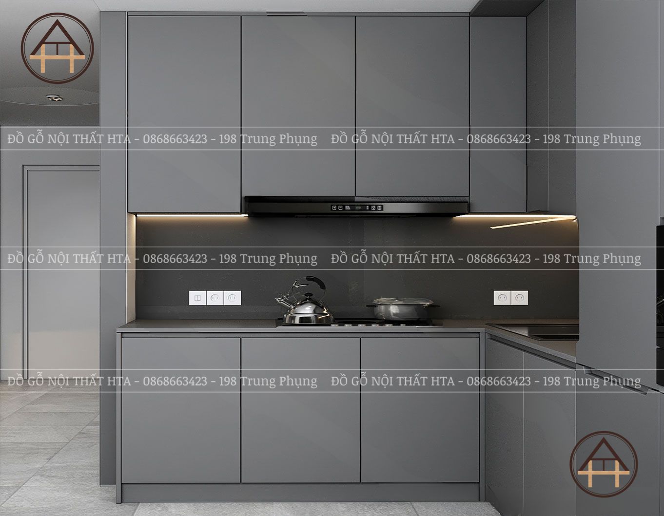 Tủ bếp chữ L màu đen HTA